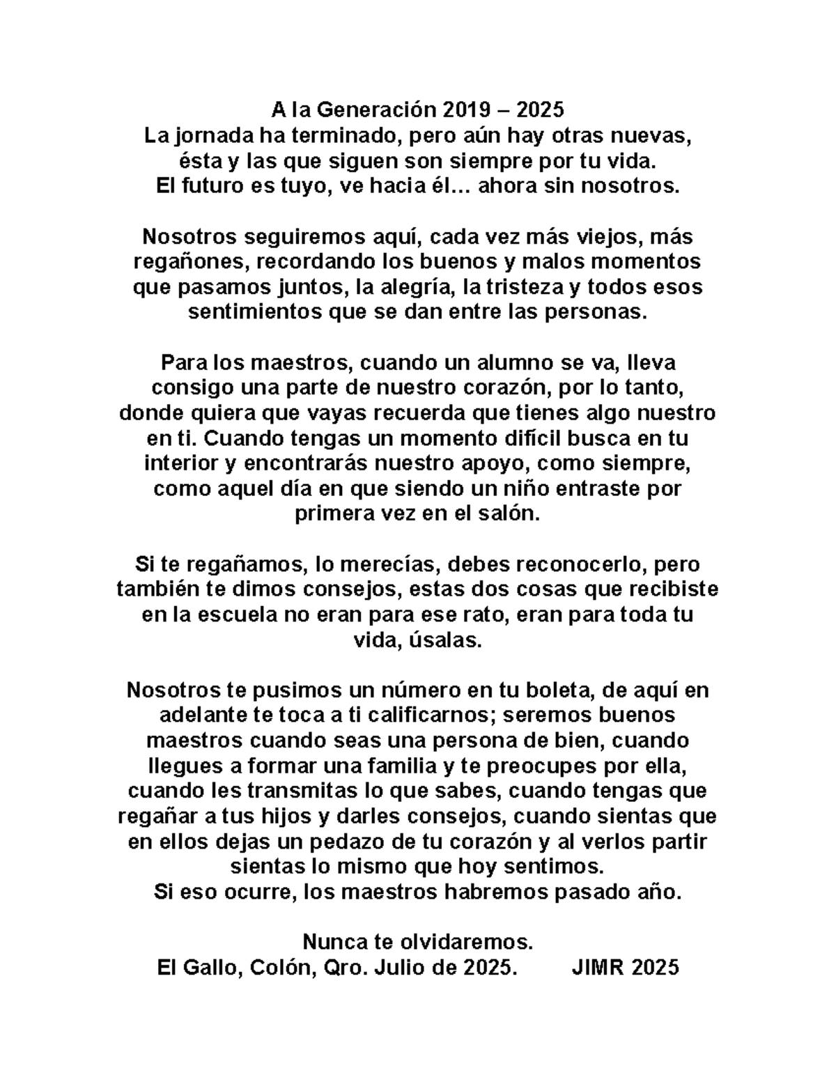 Palabras de Despedida para la Generación 2019-2025 - JIMR 2025 - Studocu