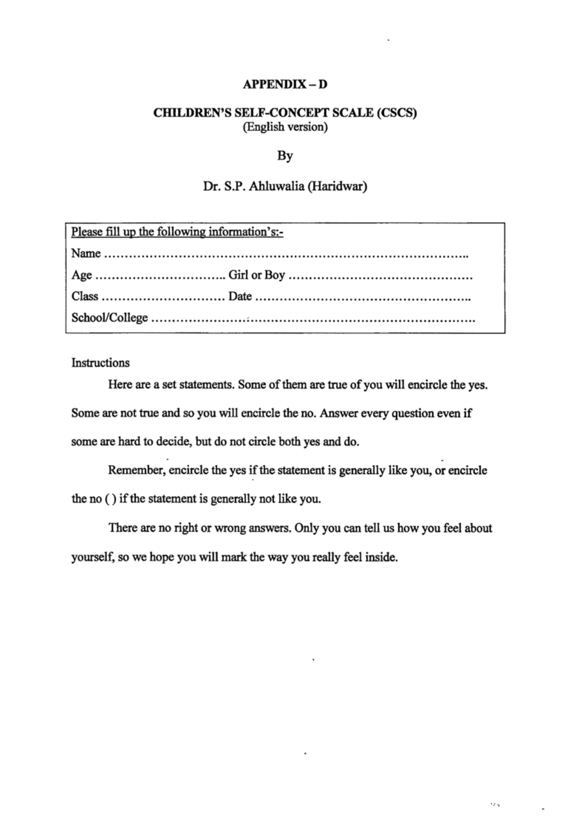 SCALE (CSCS) - Children's Self Concept Assessment (English Version ...