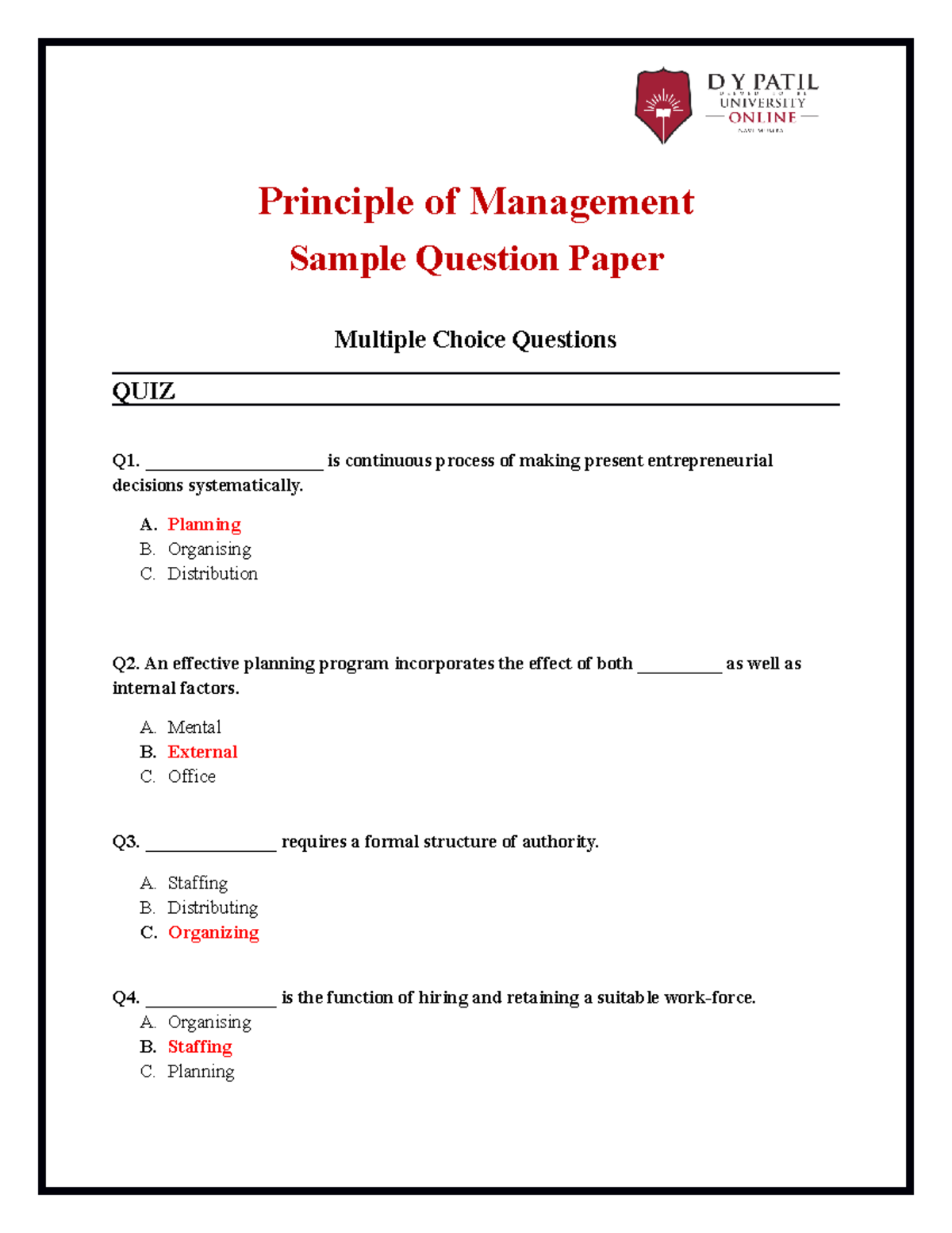 Principle of Management Quiz - MBA Sample Question Paper - Studocu