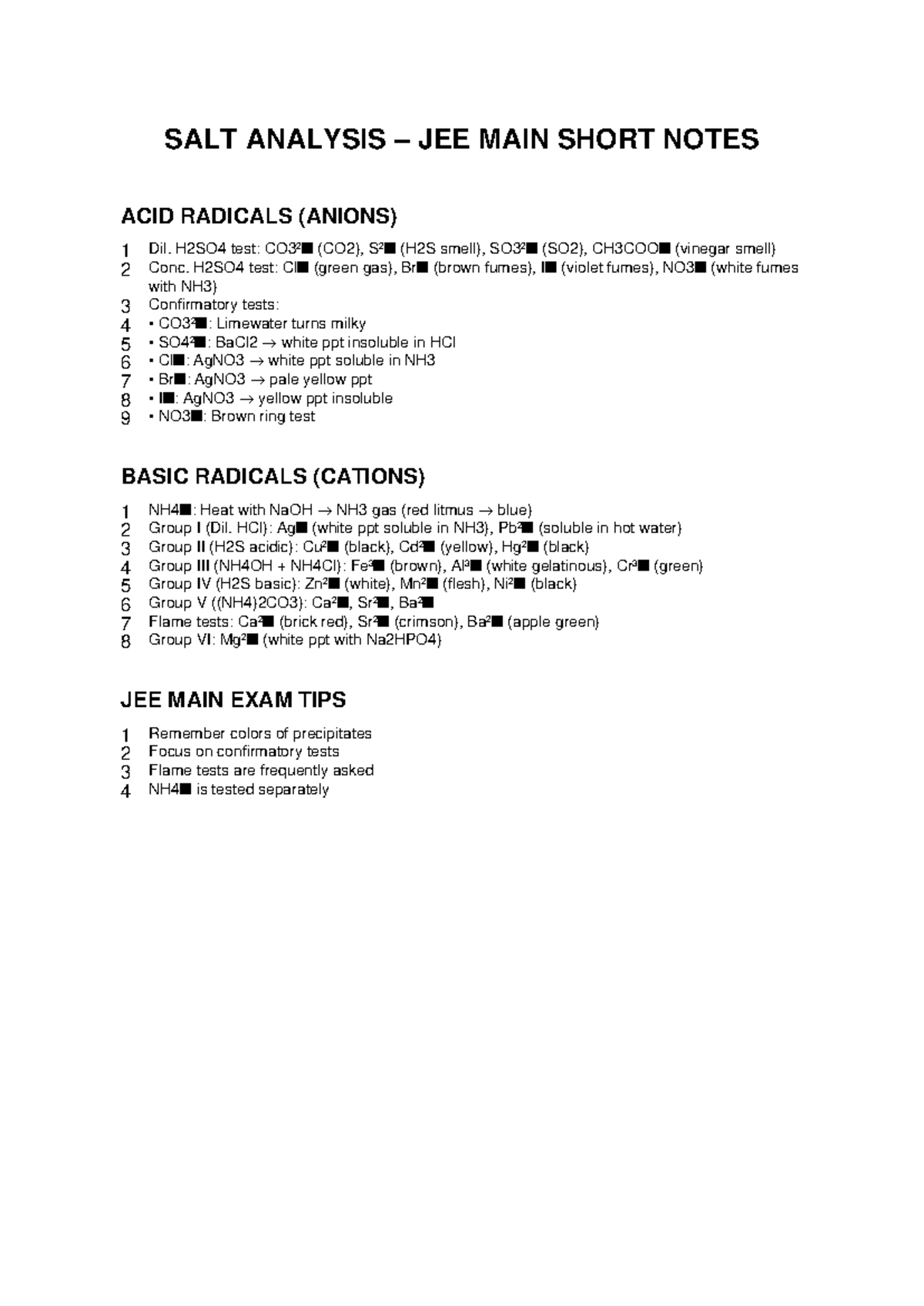 Salt Analysis JEE Main Short Notes: Anions & Cations Guide - Studocu