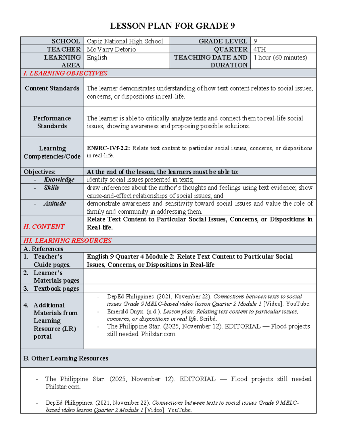Grade 9 Lesson Plan: Relating Text Content to Social Issues - Studocu