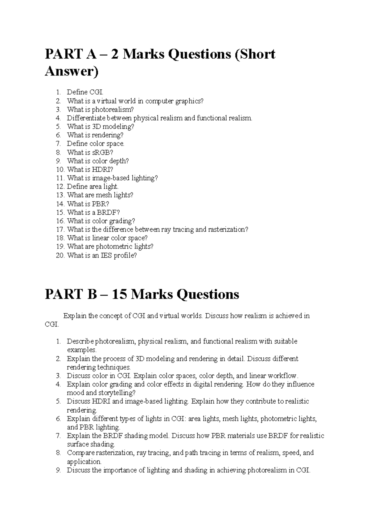 QB II: Short & Long Answer Questions on CGI and Realism - Studocu