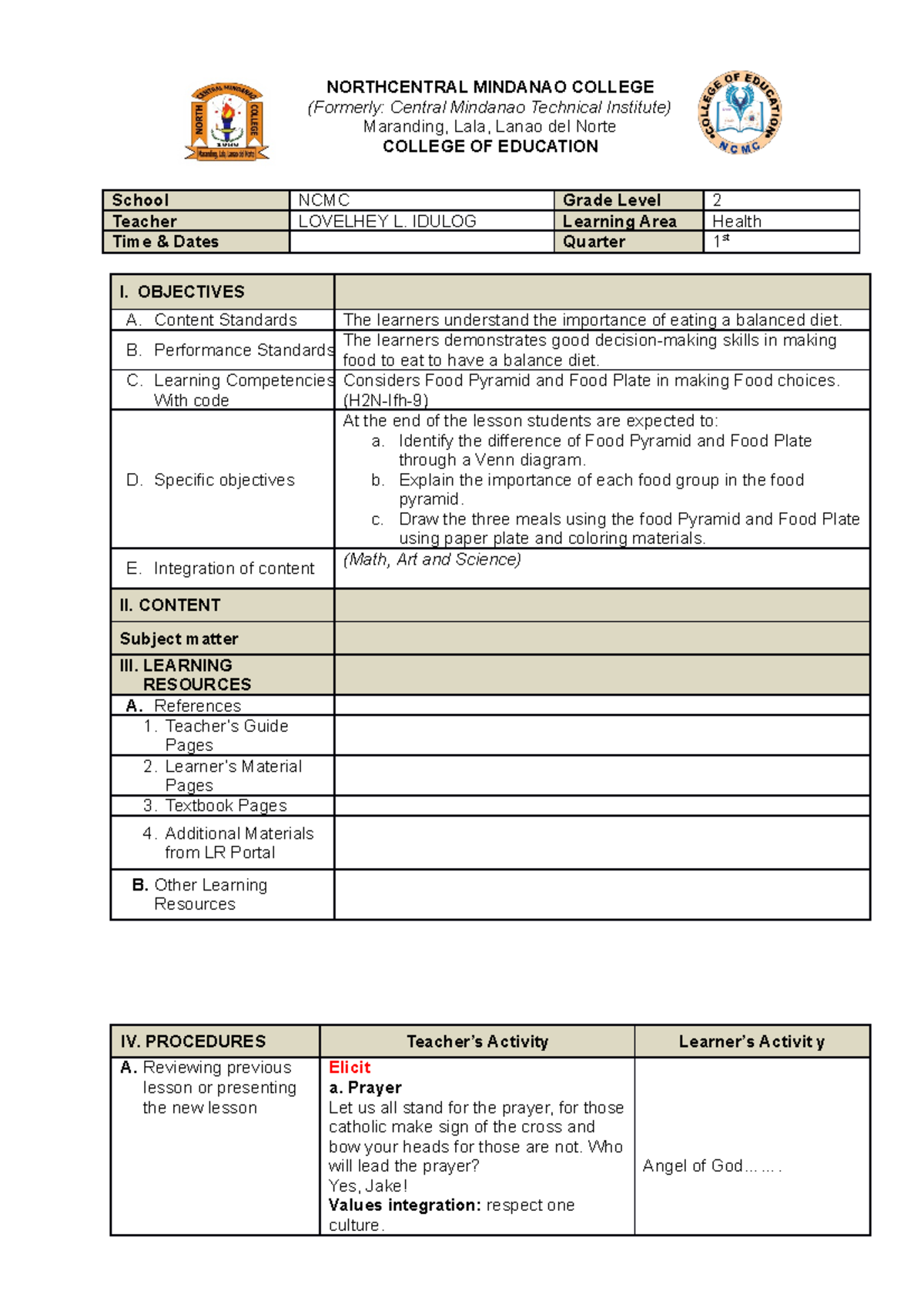 Grade 2 Health Lesson PLAN - NORTHCENTRAL MINDANAO COLLEGE (Formerly ...