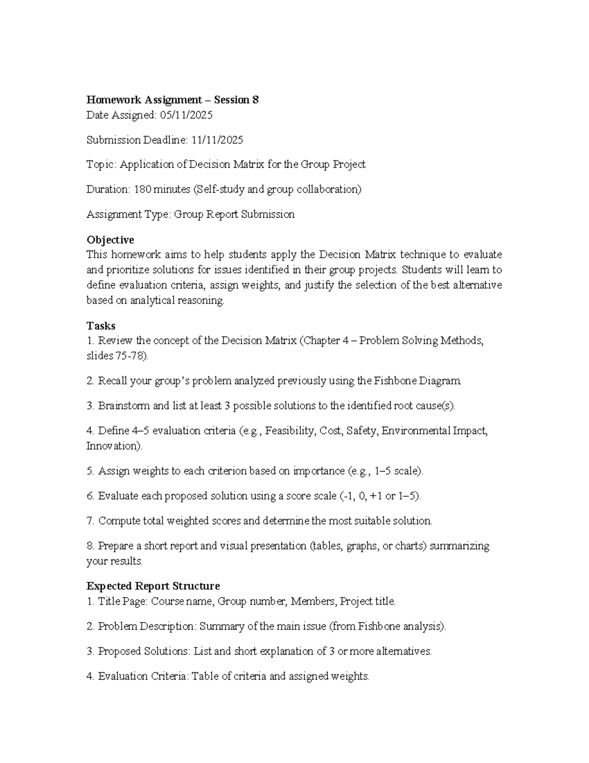 Homework Assignment: Decision Matrix Application for Group Project ...