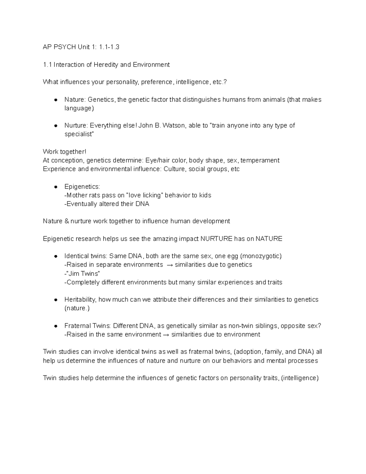 AP PSYCH Unit 1: Nature vs. Nurture & Nervous System Overview - Studocu