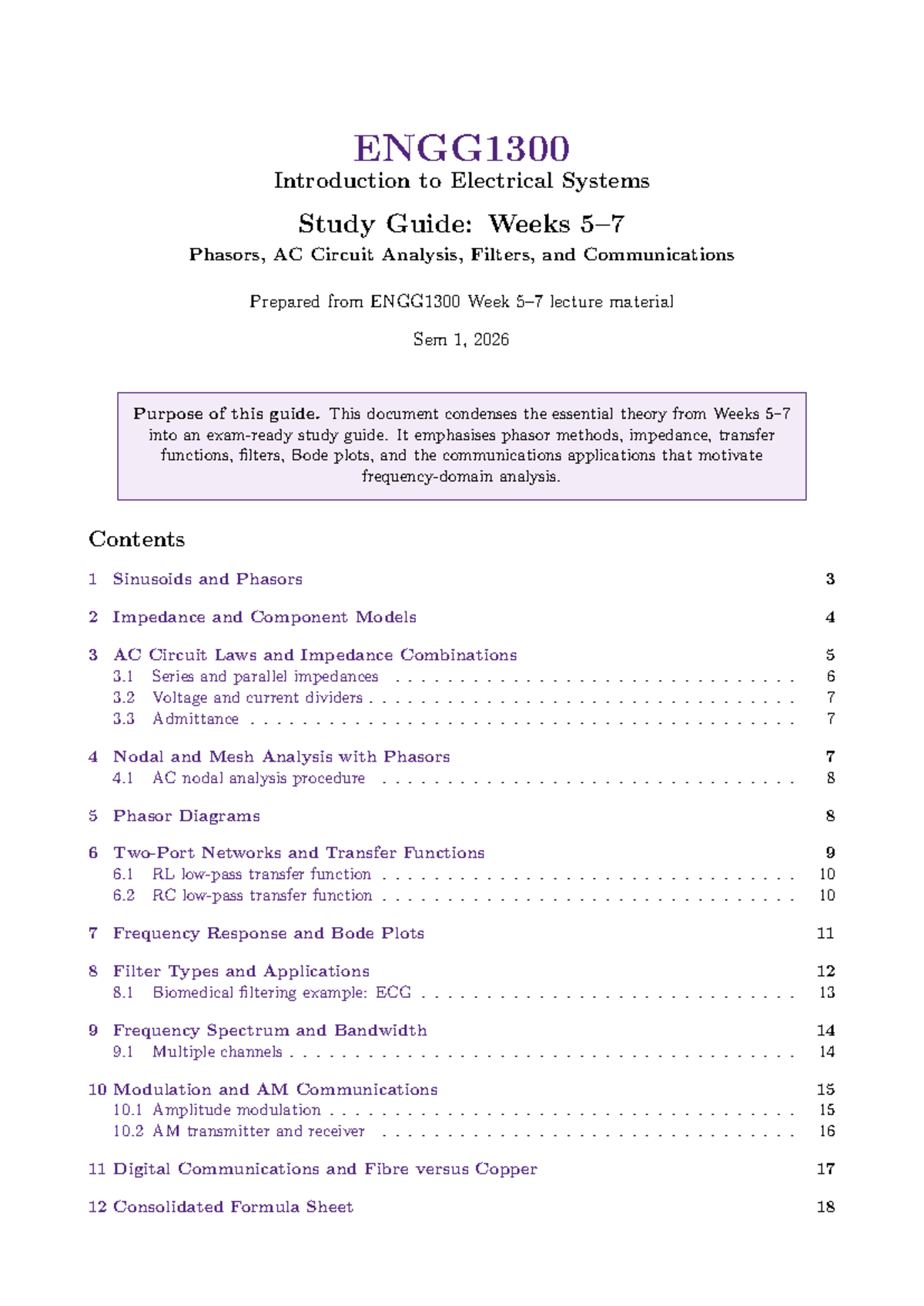 ENGG1300 Study Guide: Phasors, AC Circuits, and Filters (Weeks 1-7 ...