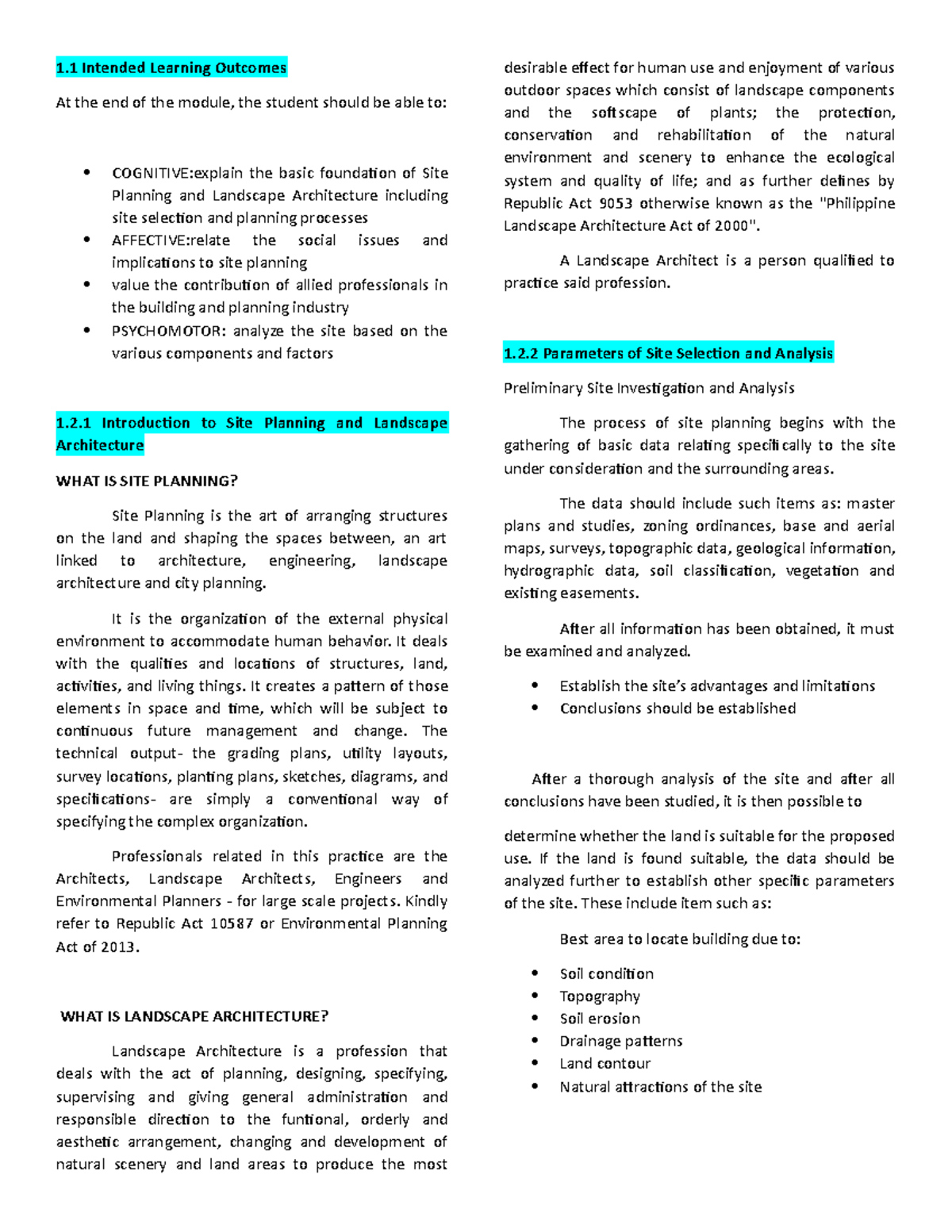 Planning 1 Module 1-2 DOCX - 1 Intended Learning Outcomes At the end of ...