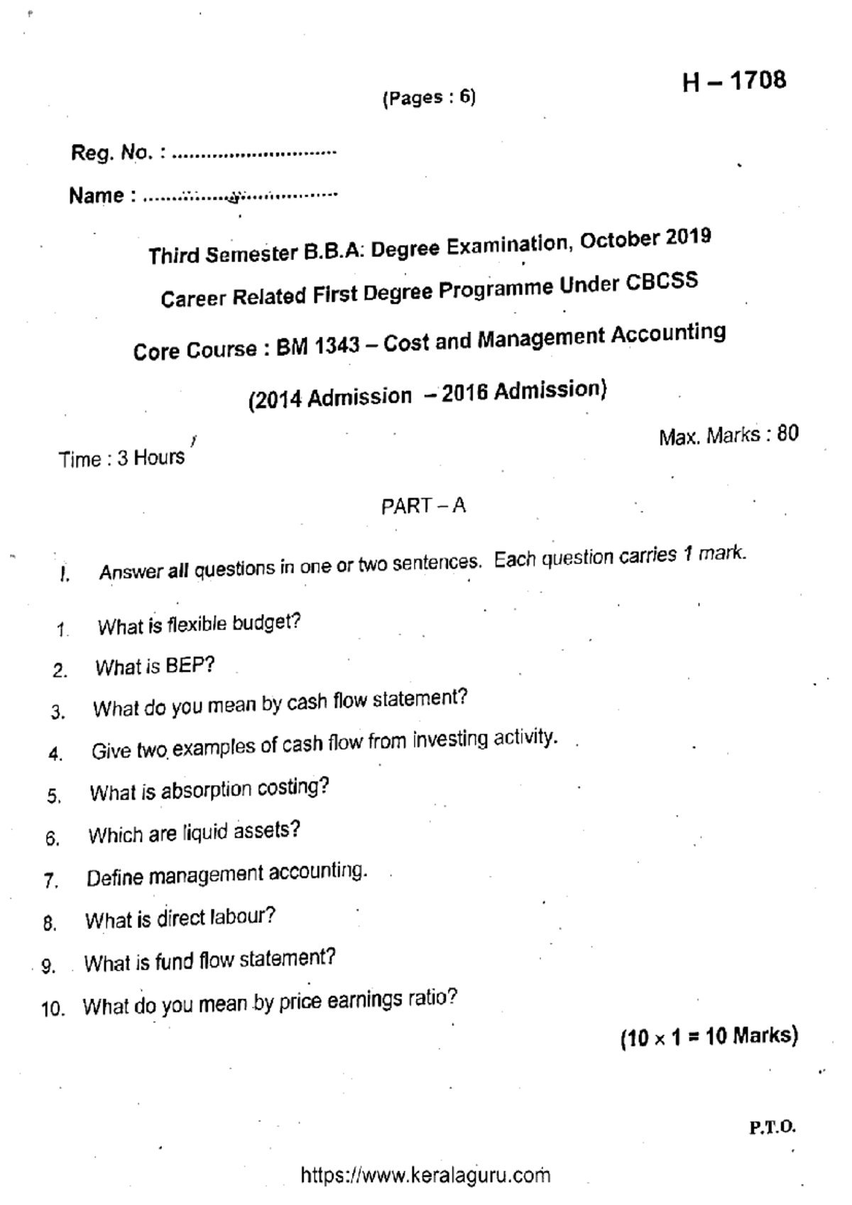 BBA 3 Sem Cost & Management Accounting Exam H 1708 Oct 2019 - Studocu