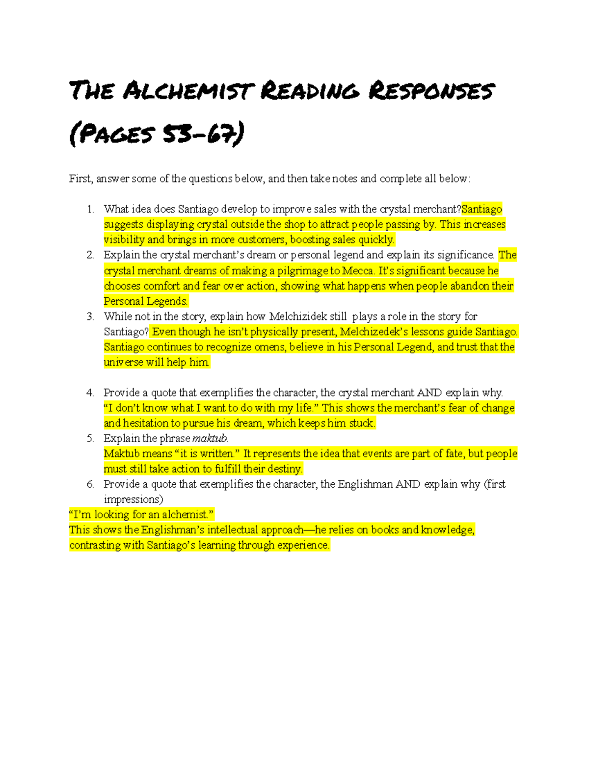 Alchemist Responses (Pages 53-67) - Key Insights & Analysis - Studocu