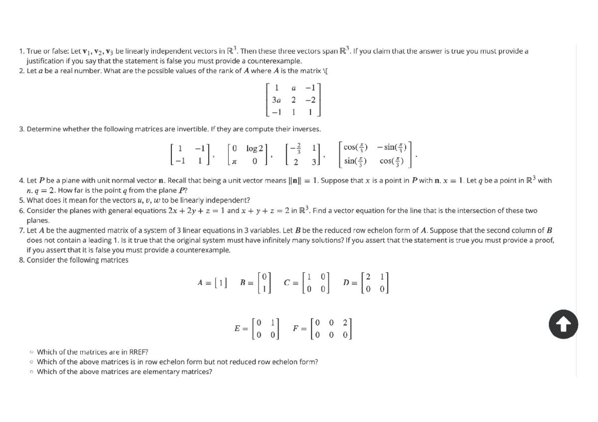2024 MATH 101 Midterm Practice: Linear Algebra Concepts - Studocu