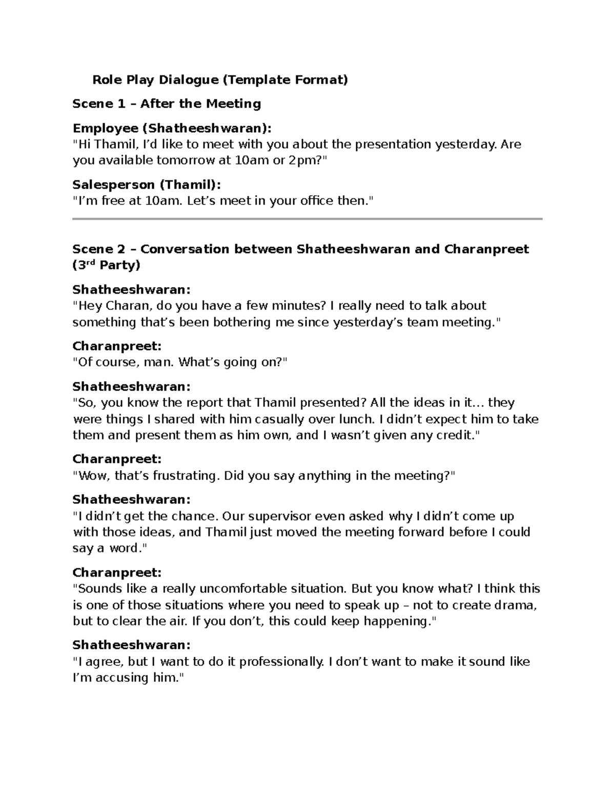 Role Play Dialogue Template: Employee vs. Salesperson Interaction - Studocu