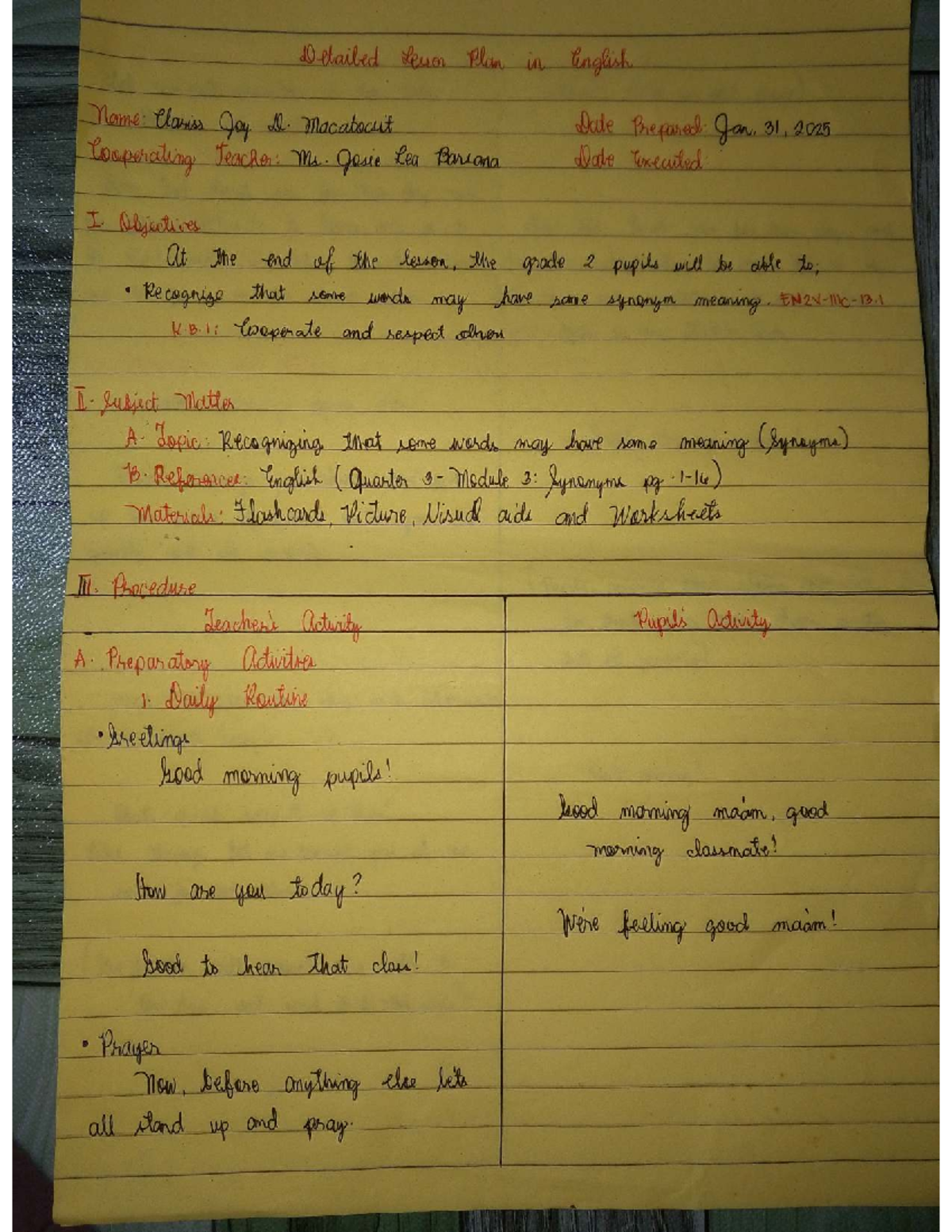 English 2 Detailed Lesson Plan: Understanding Synonyms - Studocu