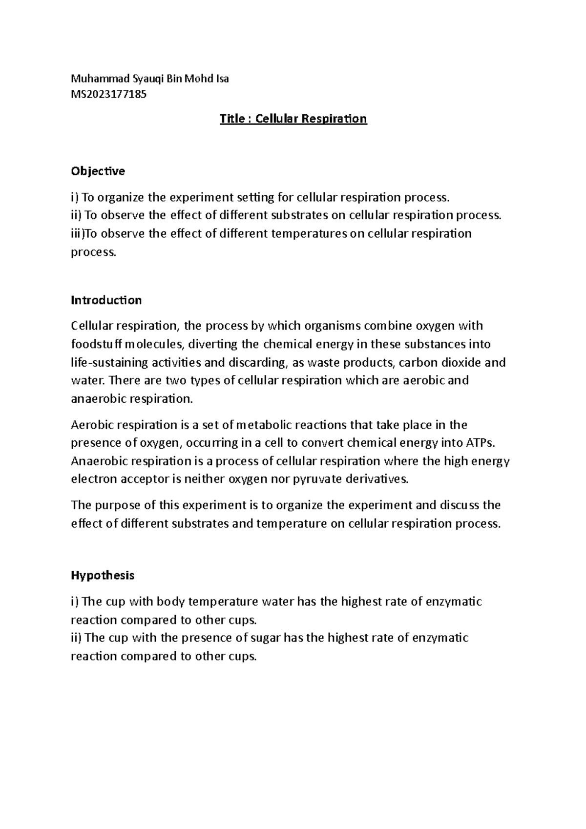 Lab Report - Muhammad Syauqi Bin Mohd Isa MS Title : Cellular ...