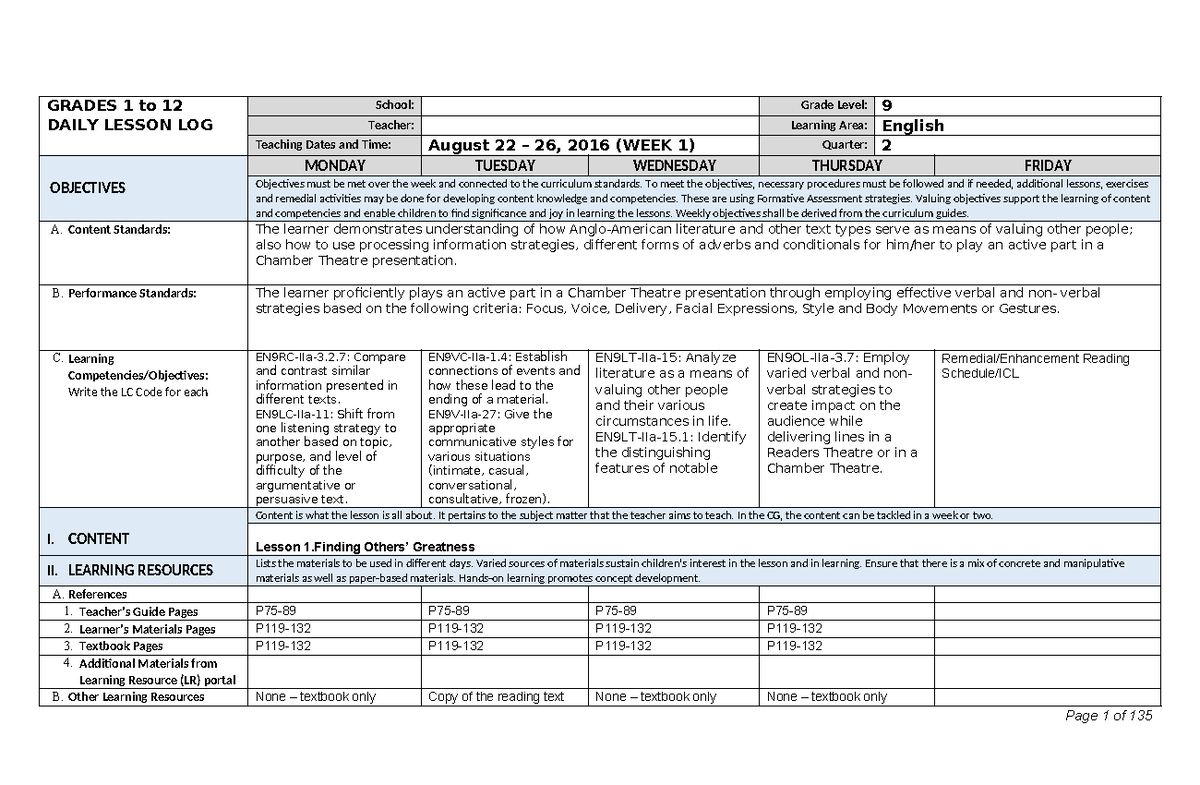 Dll - english 9 2nd-4thq 3 - GRADES 1 to 12 DAILY LESSON LOG School ...