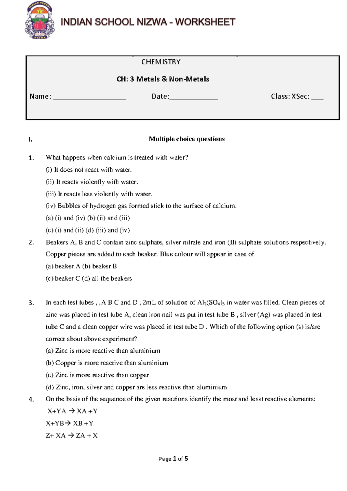 ISN 2025-26-WS-CHEM Class X Chapter 3: Metals MCQs and Notes - Studocu