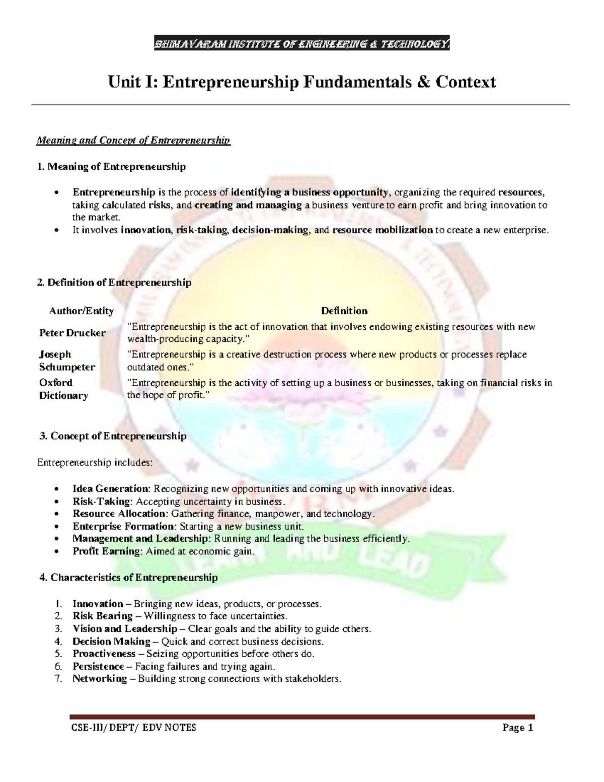 EDV UNIT-1[R23]: Entrepreneurship Fundamentals and Concepts - Studocu