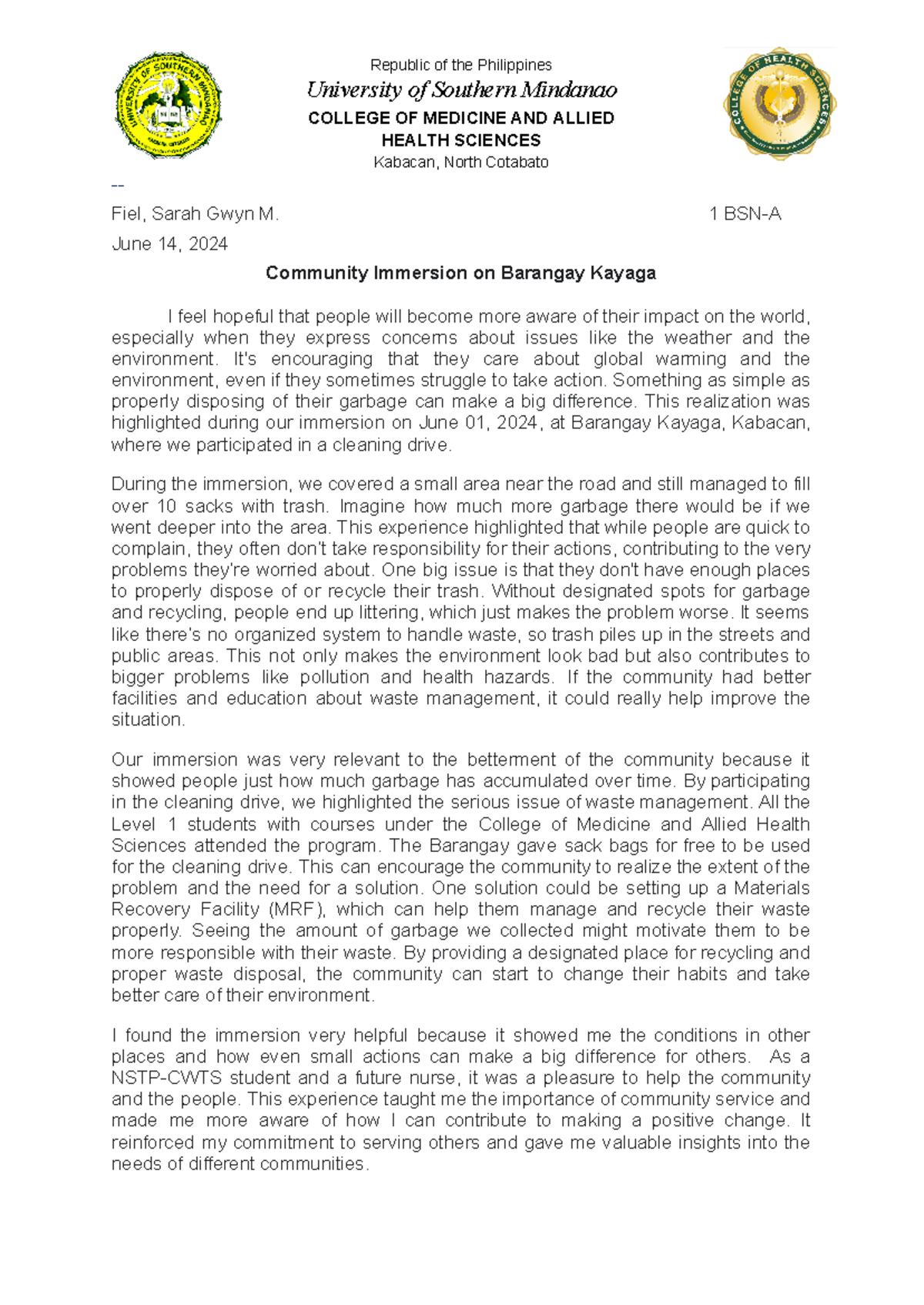 NSTP-CWTS Journal: Reflections on Community Immersion at Barangay ...