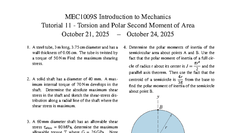 MEC1009S Tutorial 11: Torsion & Polar Moment of Area Solutions - Studocu