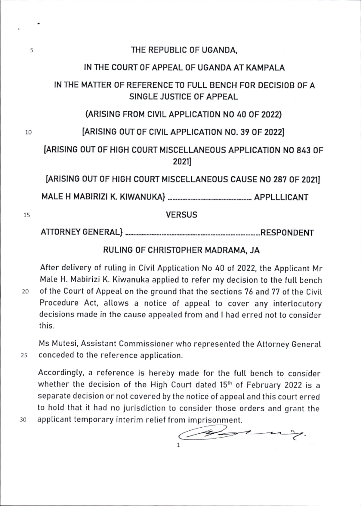 Mabirizi v Attorney General: Ruling on Civil Application No 40/2022 ...