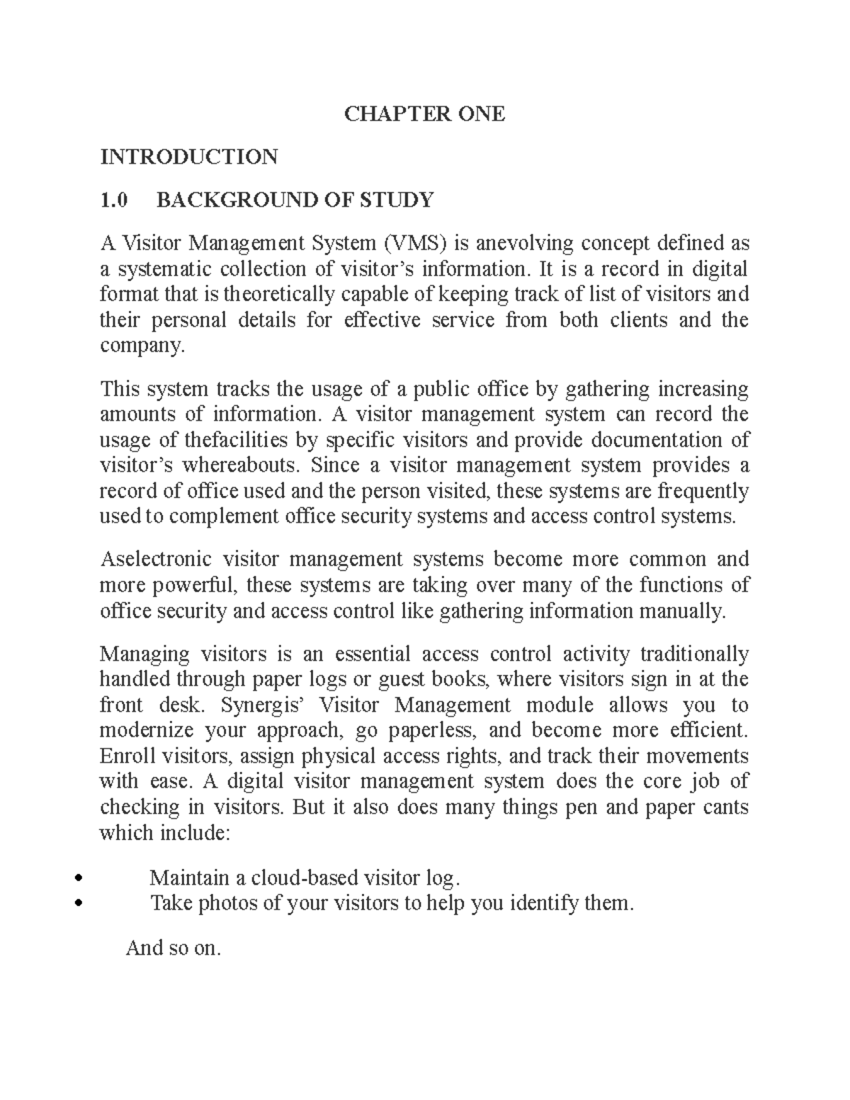Chapter 1 - Visitor Management System: Background & Objectives - Studocu