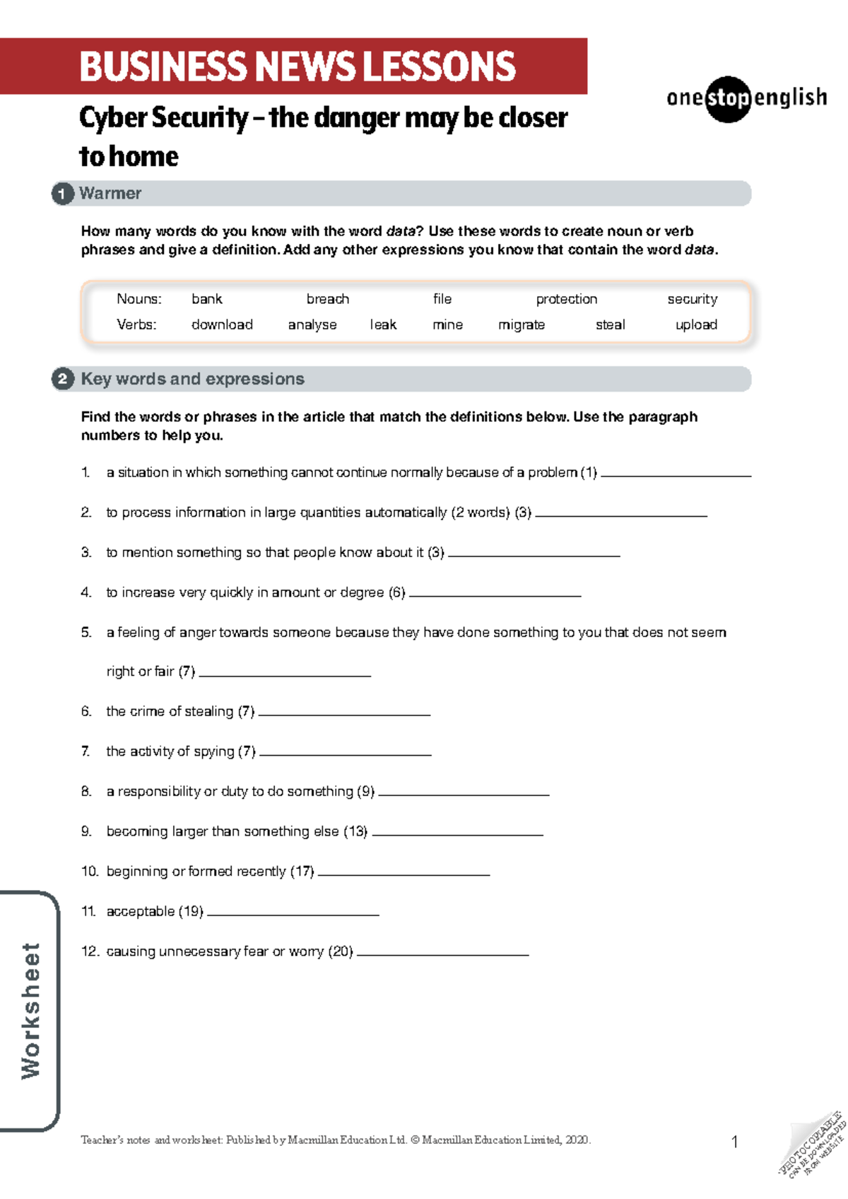 BUSINESS NEWS LESSONS: Cyber Security Risks from Employees - Worksheet ...