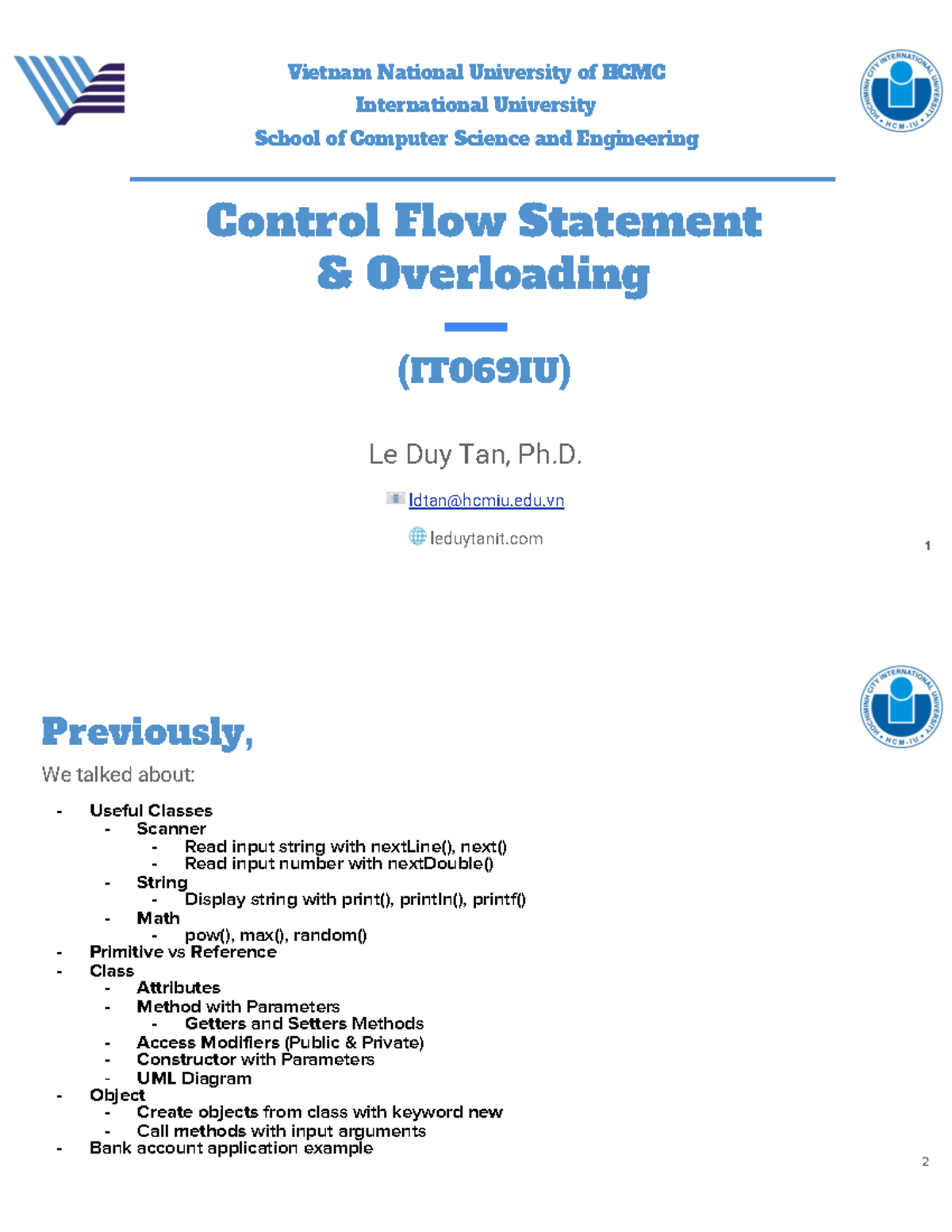 Lecture 4 - Control Flow Statement Overloading - Control Flow Statement & Overloading (IT069IU ...
