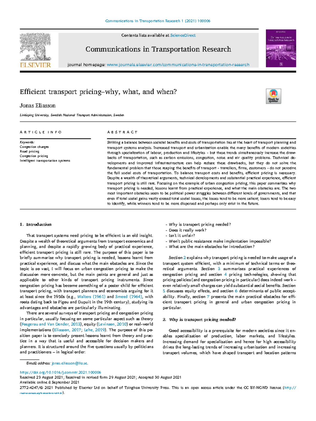 Efficient Transport Pricing: Why, What, and When? (CommTrans Res 1 ...