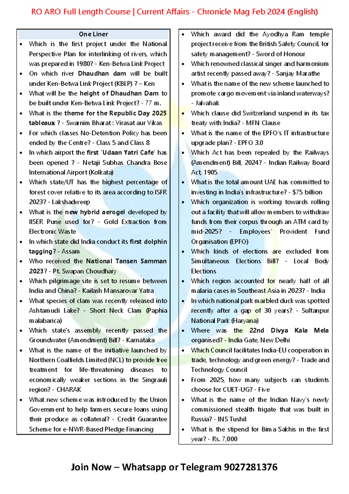 RO ARO Full Length Course Current Affairs Chronicle Mag Feb 2024 ...