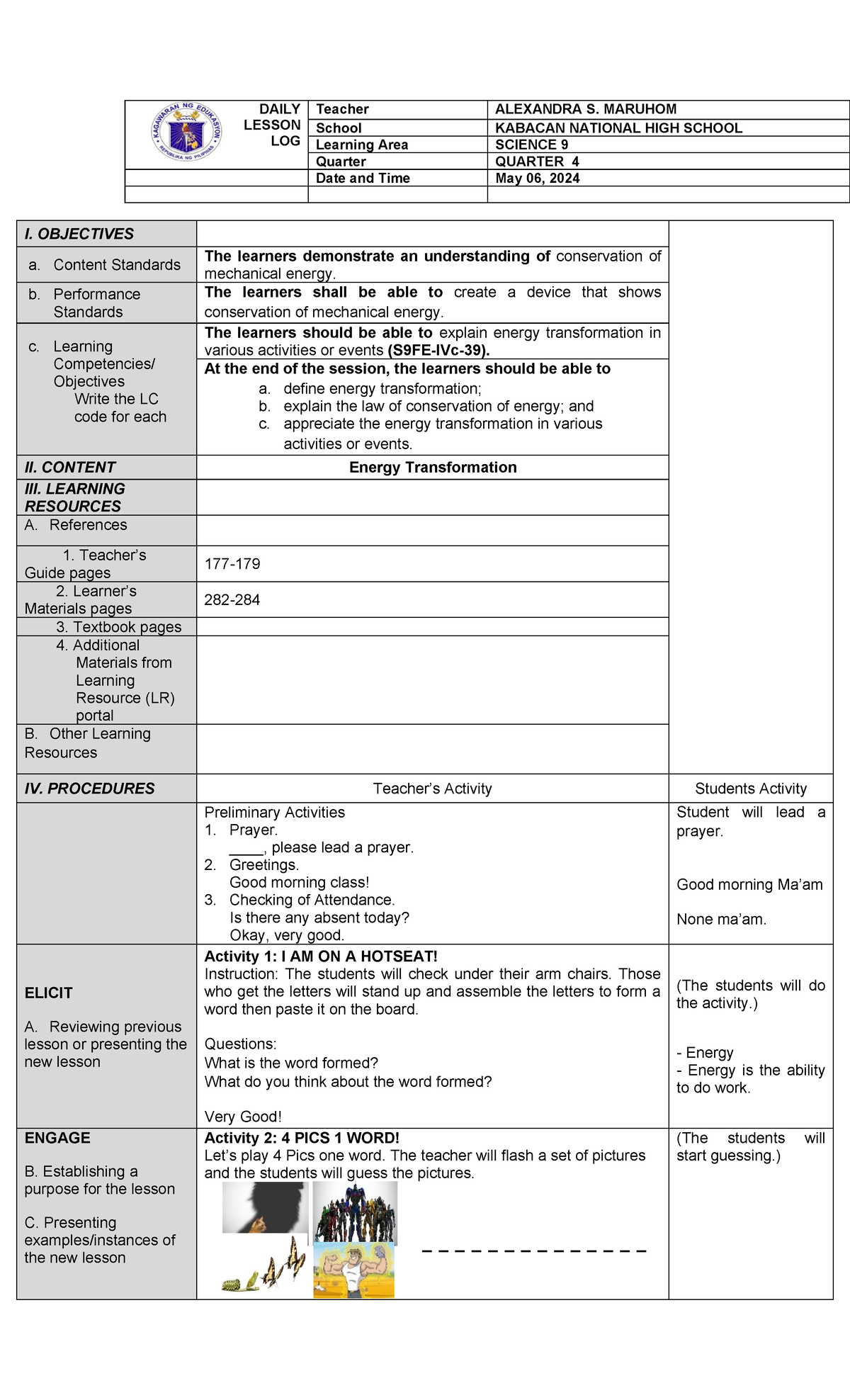 Energy Transformation Lesson Plan for SCI 9 (Q4) - Studocu