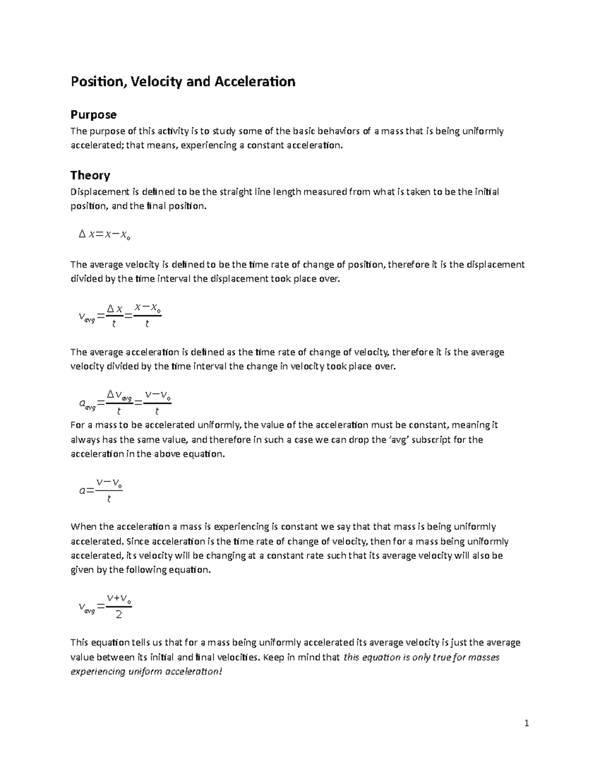 Postion, Velocity, and Acceleration lab online - Position, Velocity and ...