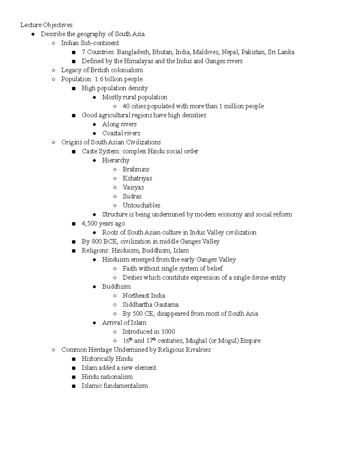 South Asia GEOG 102 - GEOG 102 - Lecture Objectives: Describe the ...