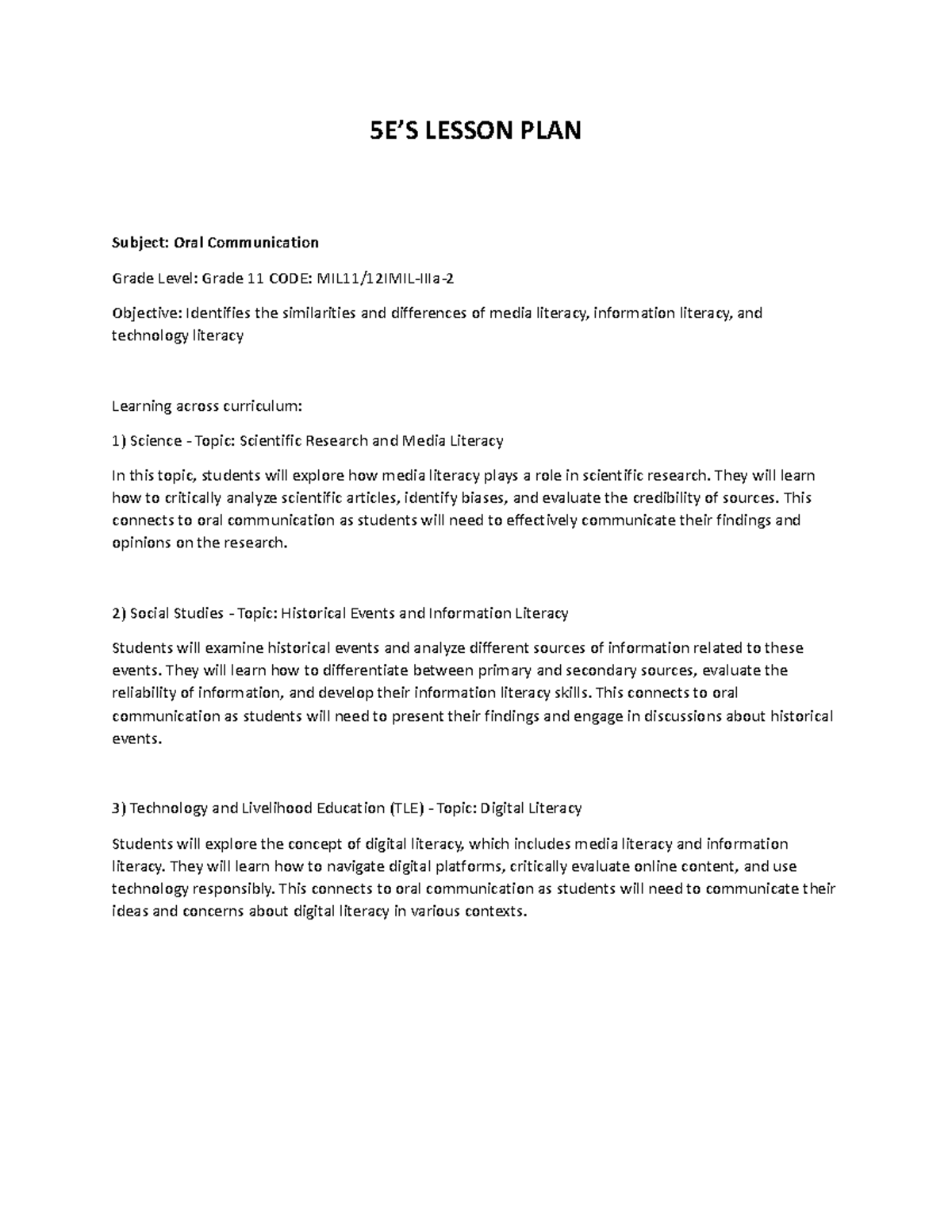 5E's Lesson Plan on Media, Info, and Tech Literacy - MIL11/12IMIL-IIIa ...