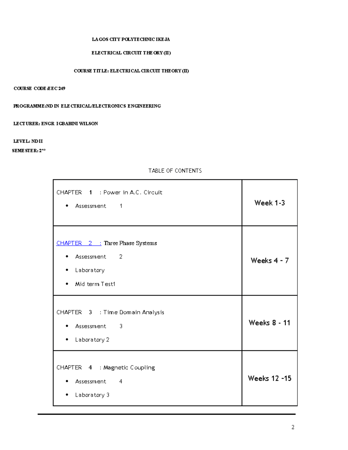 EEC-249: Electrical Circuit Theory II - Week-by-Week Study Guide - Studocu