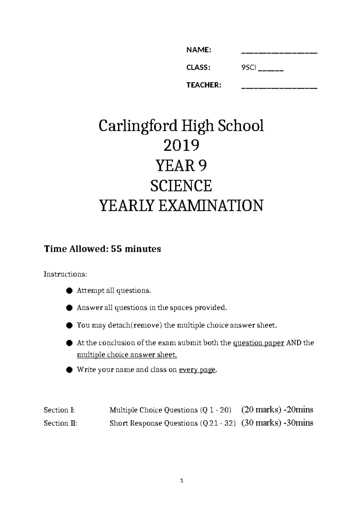 Carlingford High School Year 9 Science Yearly Exam 2019 (9SCI) - Studocu