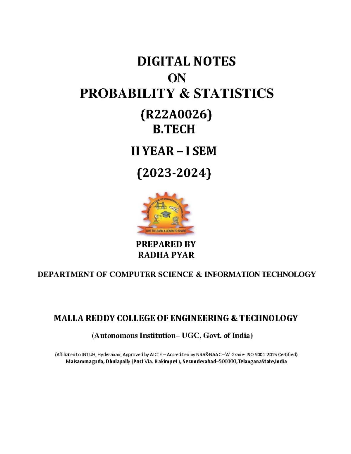 CSIT R22 Probability & Statistics Lecture Notes for B.Tech II Year ...