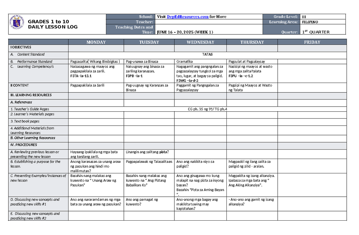 DLL Filipino 3 Q1 W1: Daily Lesson Log for Grades 1-10 (June 16-20, 2025) - Studocu