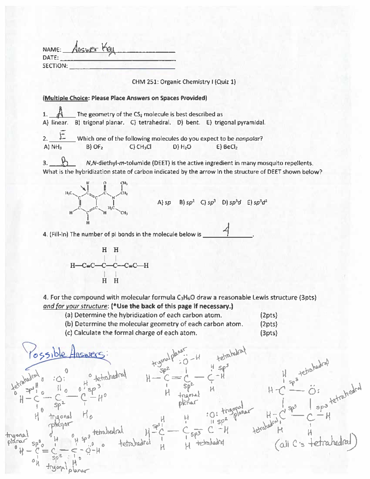 Quiz 1-3 Answers & Key for CHM 251: Organic Chemistry I (3 Versions ...