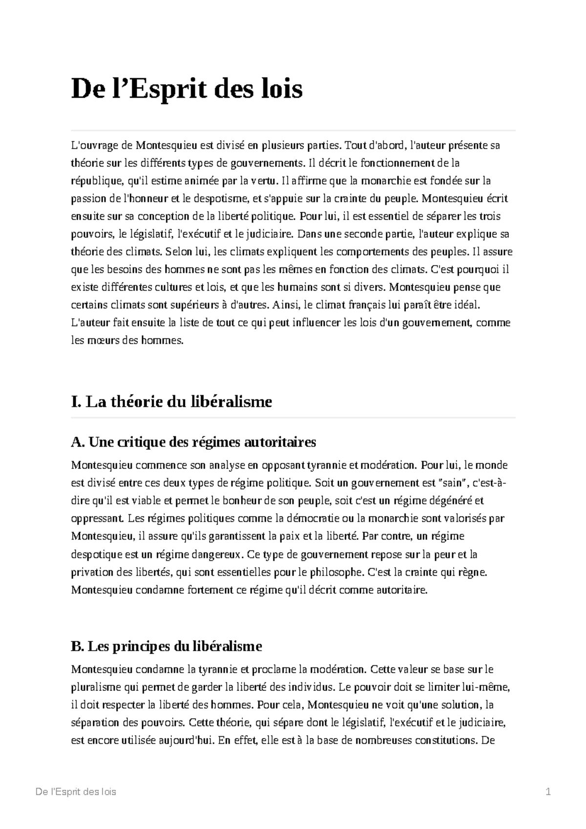 De l'Esprit des lois - Résumé et Analyse Critique - Studocu