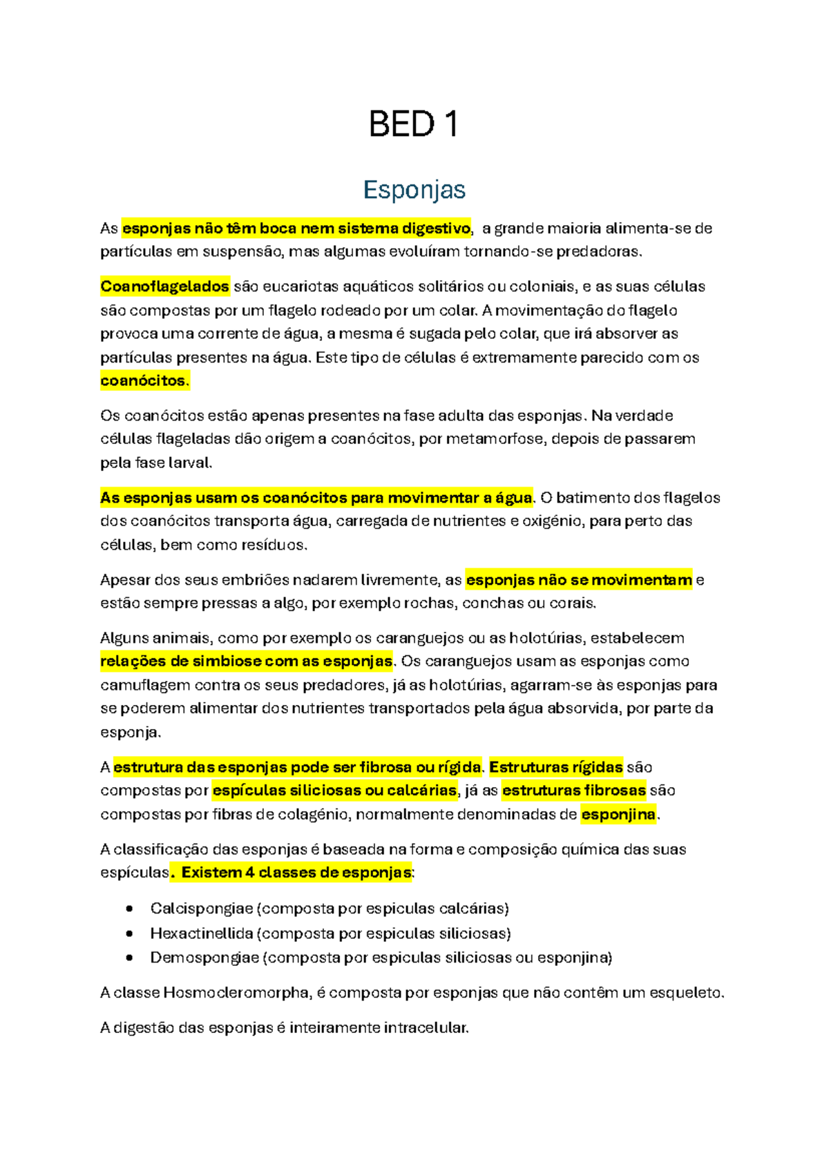 BED1- esponjas - Resumo Integrated Principles of Zoology - BED 1 ...
