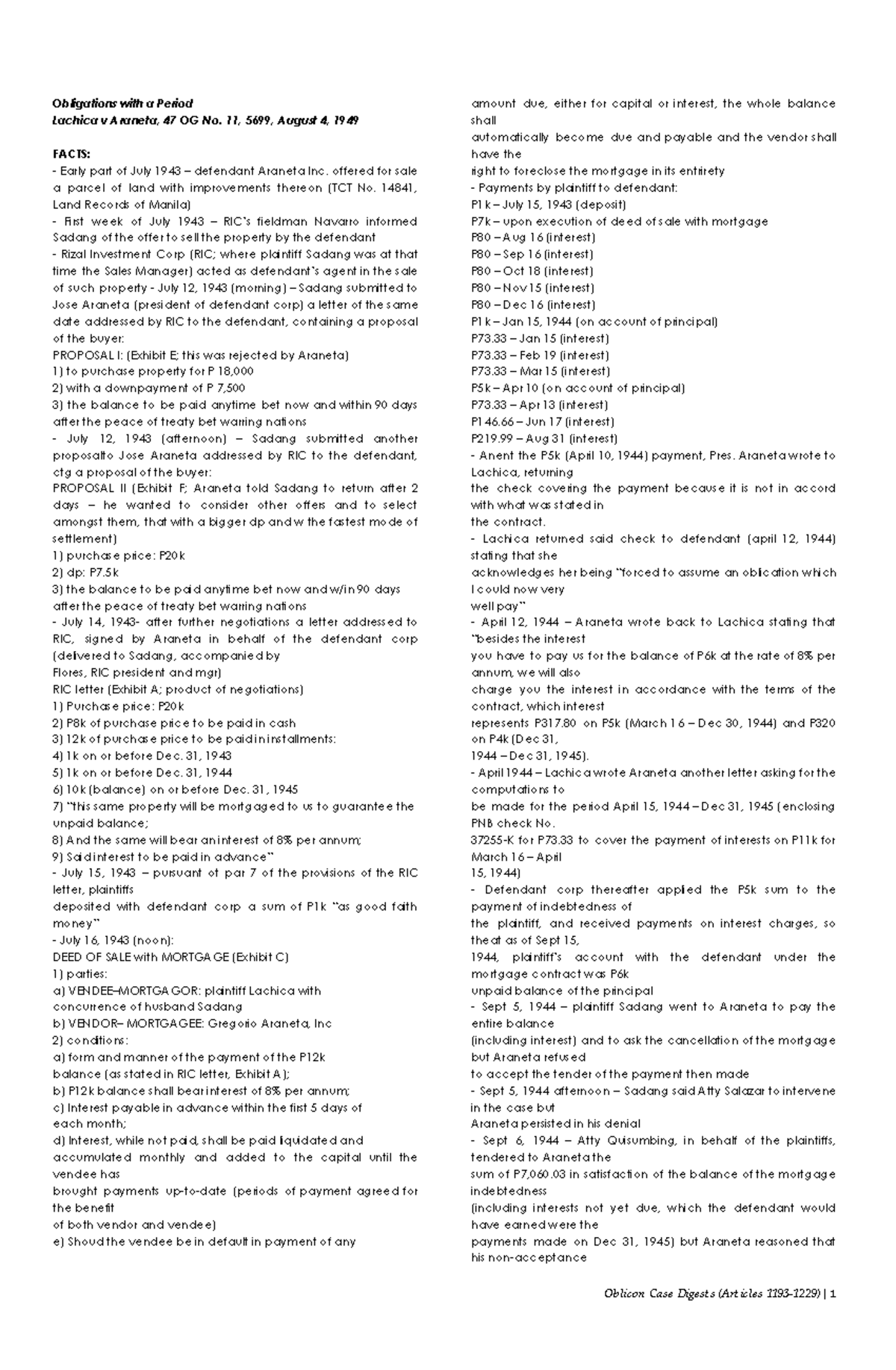 Obligations and Contracts Case Digests (Oblicon) - Comprehensive Review ...