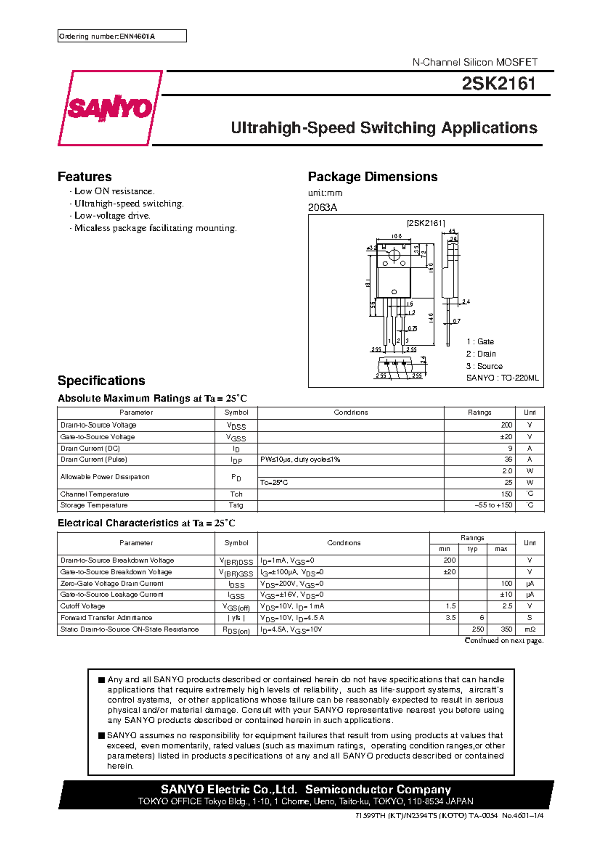 ENN4601A 2SK2161 Silicon MOSFET Specifications and Applications - Studocu