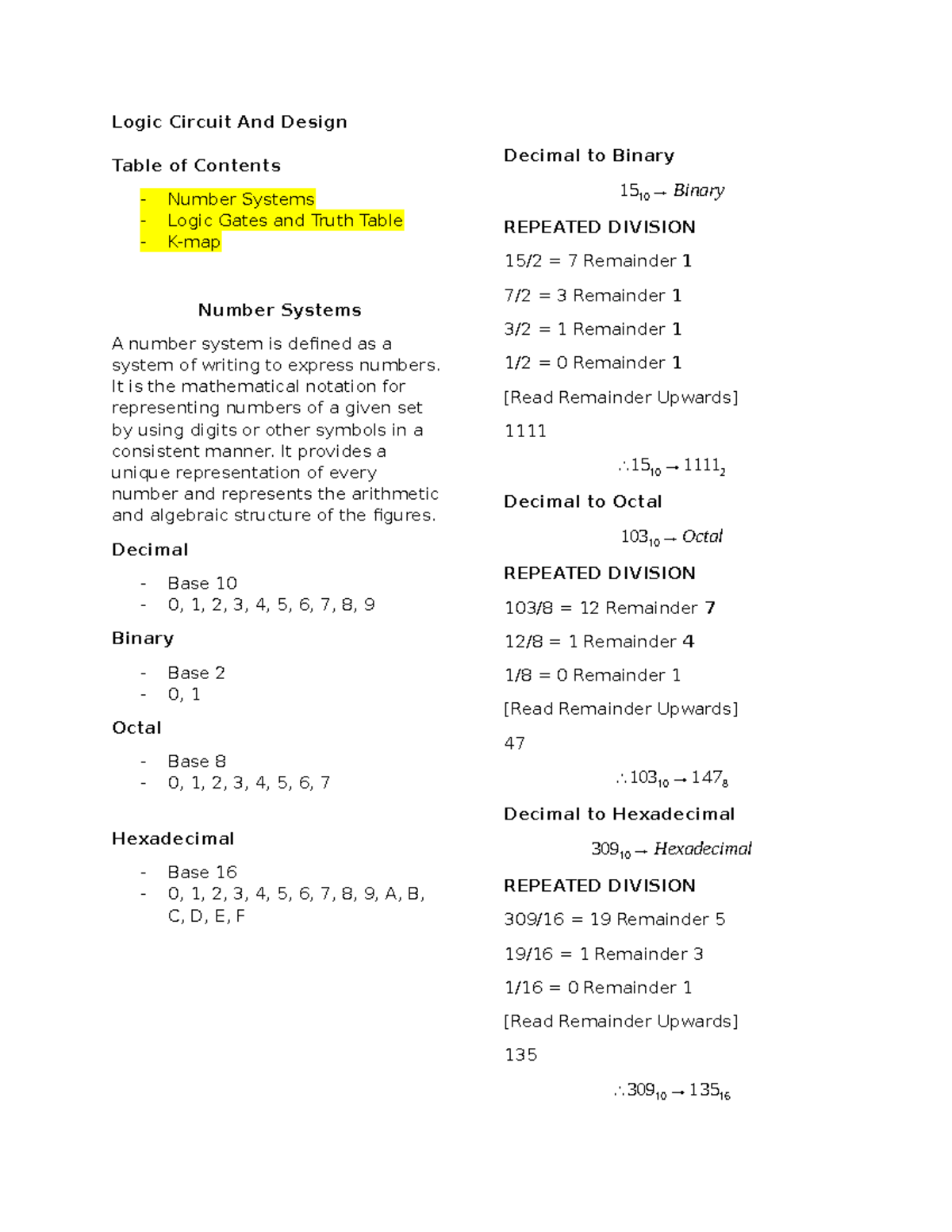 Logic Circuit and Design Review Notes: Number Systems and More - Studocu