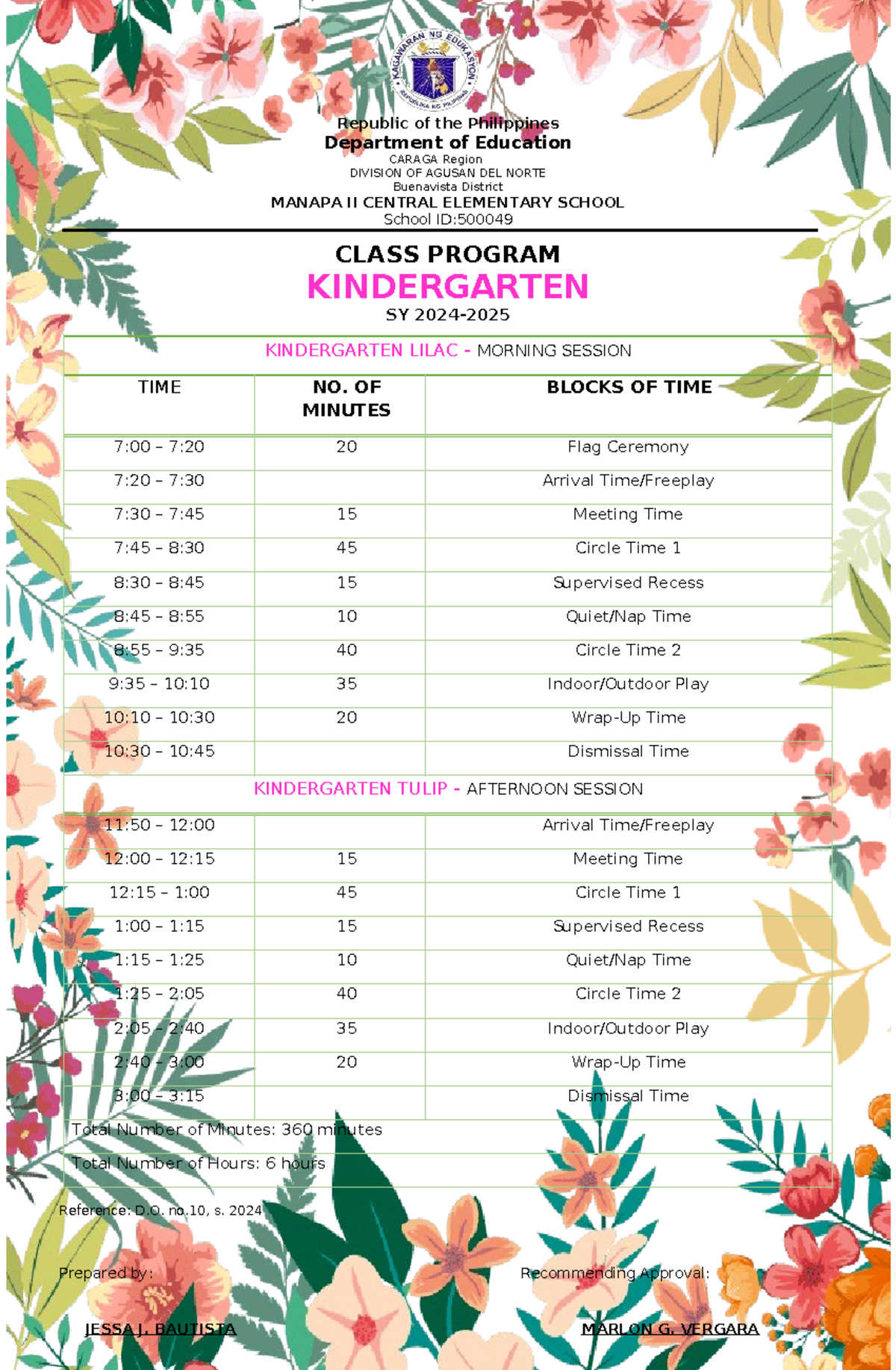Matatag Kindergarten Class Program SY 2024-2025 Detailed Schedule - Studocu