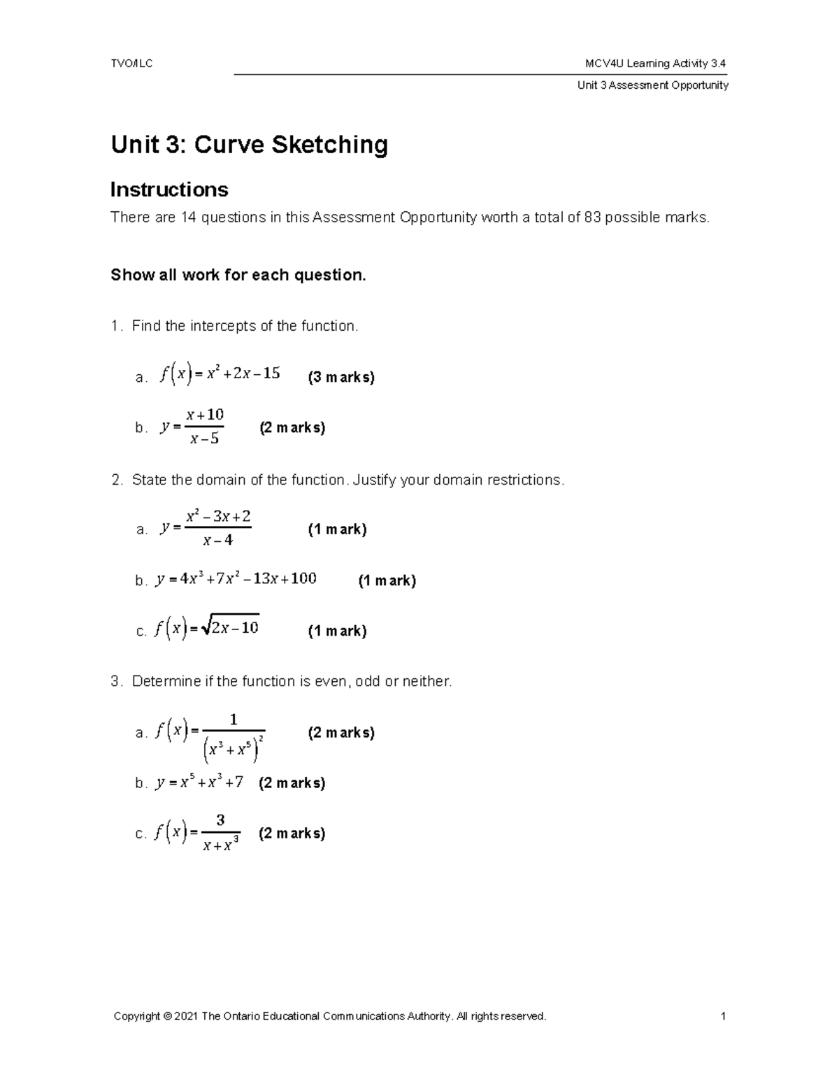 MCV4U Unit 3 Curve Sketching Assessment Opportunity - Studocu