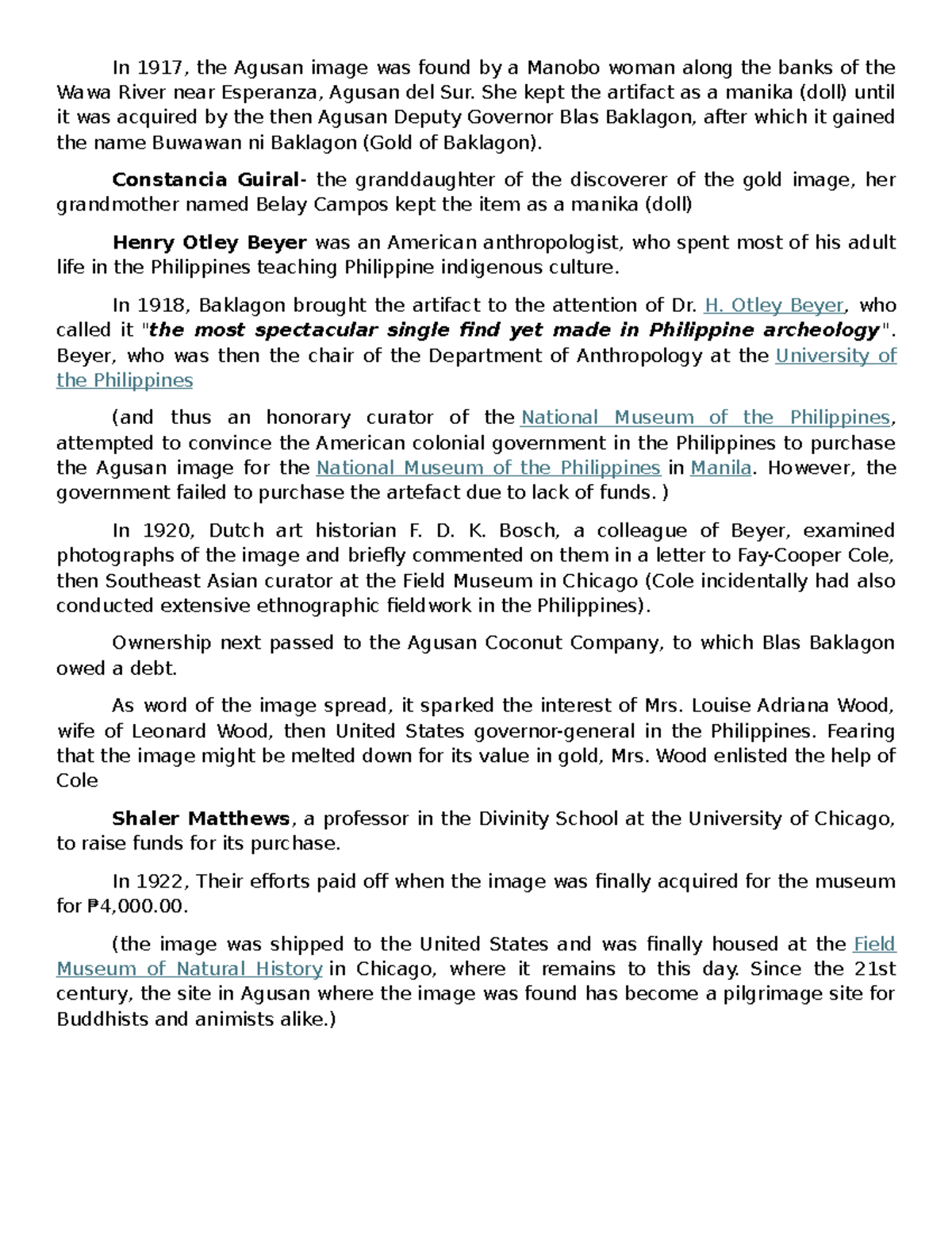 In 1917: The Discovery of the Agusan Gold Image - Lecture Notes - Studocu