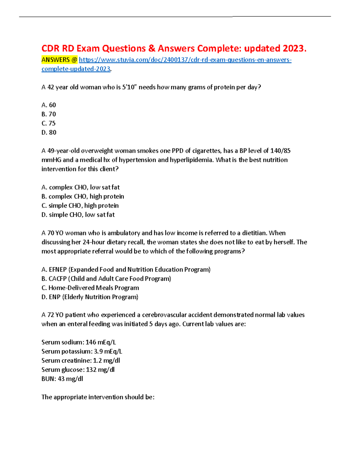 CDR RD Exam Questions & Answers: Complete Study Guide 2023 - Studocu