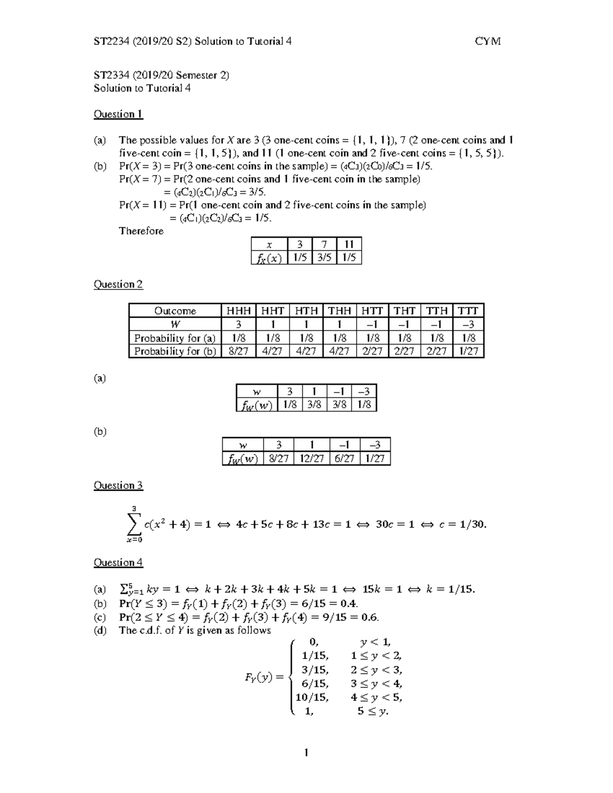 ST2334 (2019/20 S2) Solutions for Tutorial 4 - Detailed Explanations ...