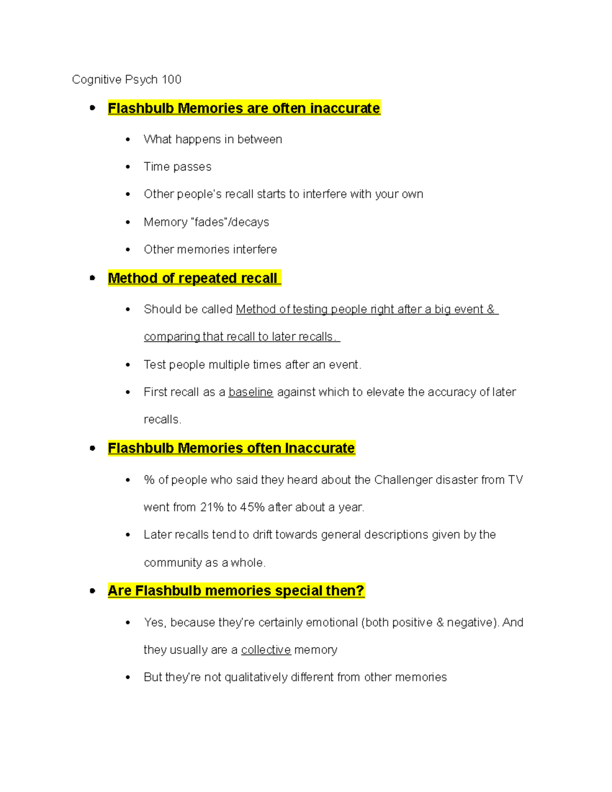 PSC 100 DAY 24 - Flashbulb Memories - Cognitive Psych 100 Flashbulb ...