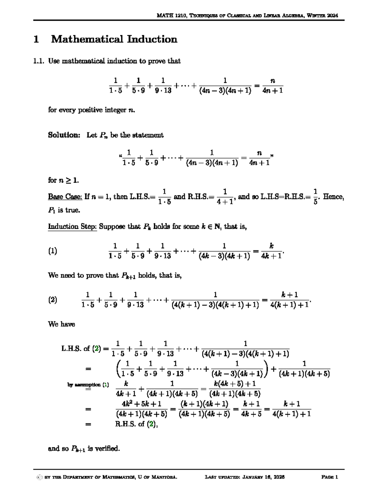 MATH 1210, TUTORIAL 1 SOLUTIONS ON MATHEMATICAL INDUCTION - Studocu