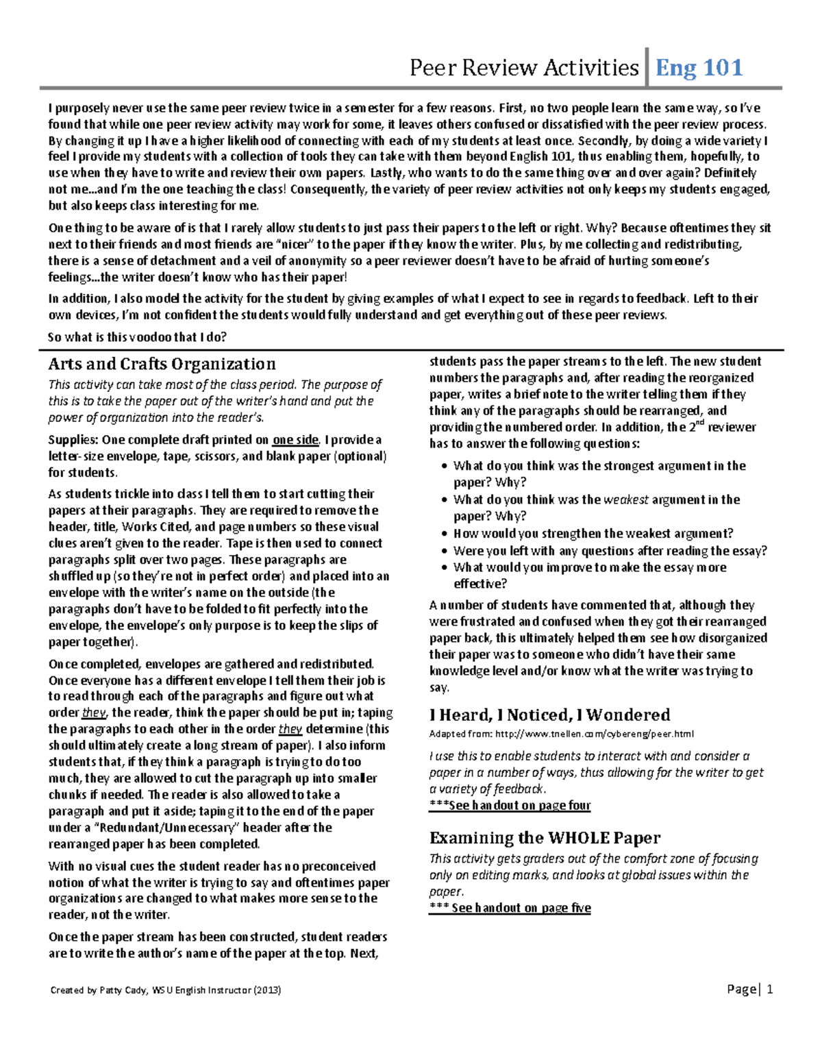 Peer-Review-Activities - Created by Patty Cady, WSU English Instructor ...